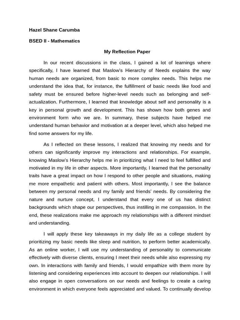 Hazel Shane Carumba PerDEv Reflection 1 | PDF | Motivation | Motivational