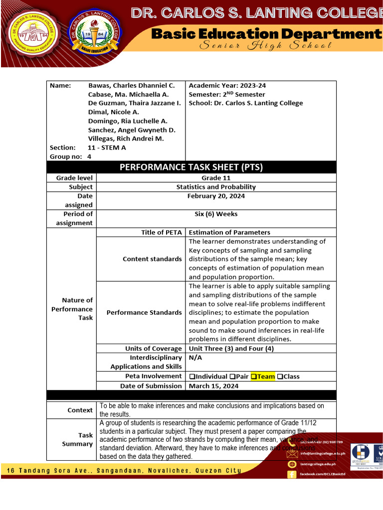 Group 4 - Q3 - Statistics and Probability 11 - Performance Task | PDF ...
