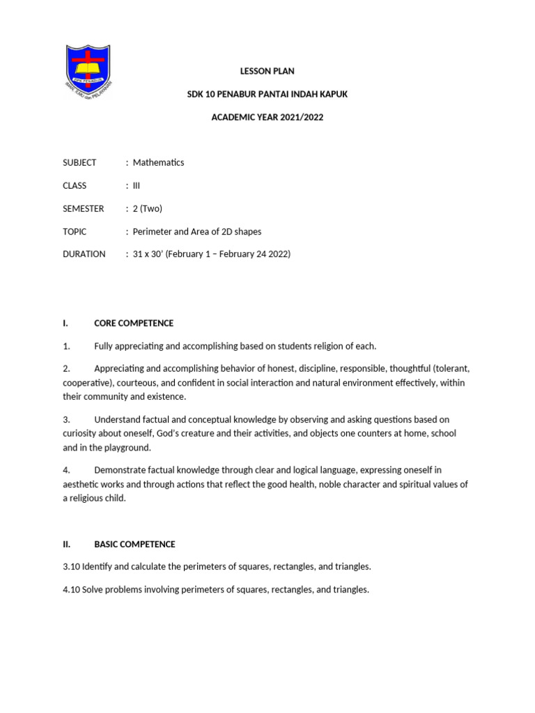 Leson Plan Perimeter and Area | PDF | Area | Worksheet