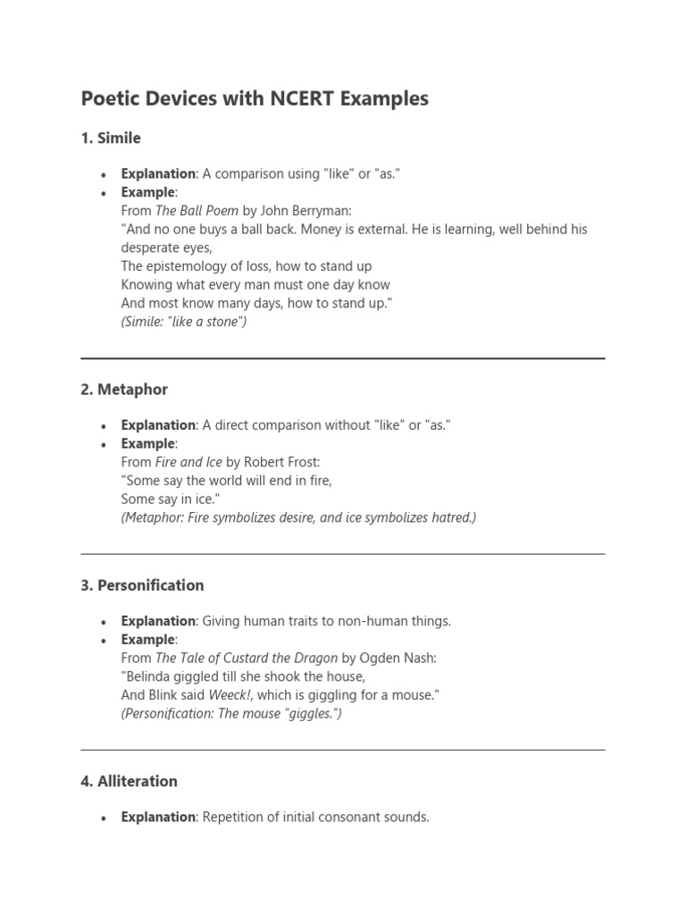 Poetic Devices With NCERT Examples | PDF | Poetry