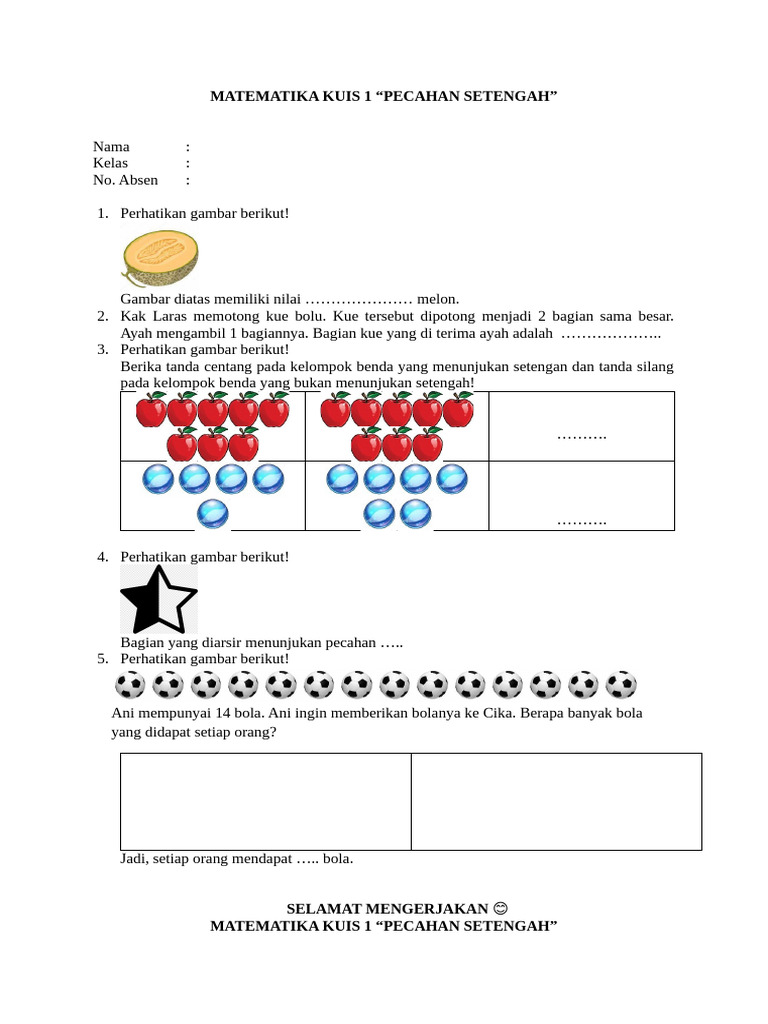 Matematika Kuis 1 Pecahan Setengah | PDF