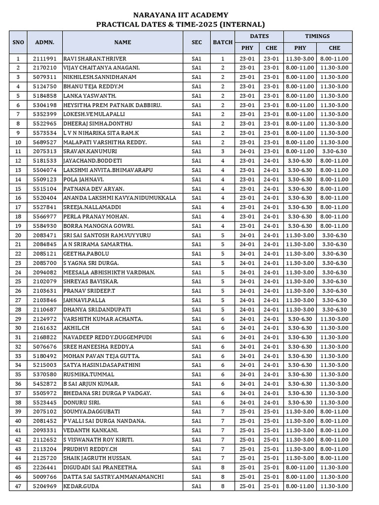 Sa1-Practical Batch List | PDF