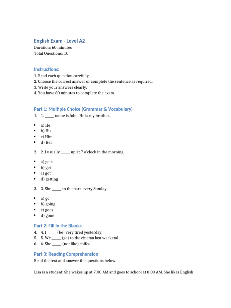 A2 English Exam: Grammar & Comprehension | PDF