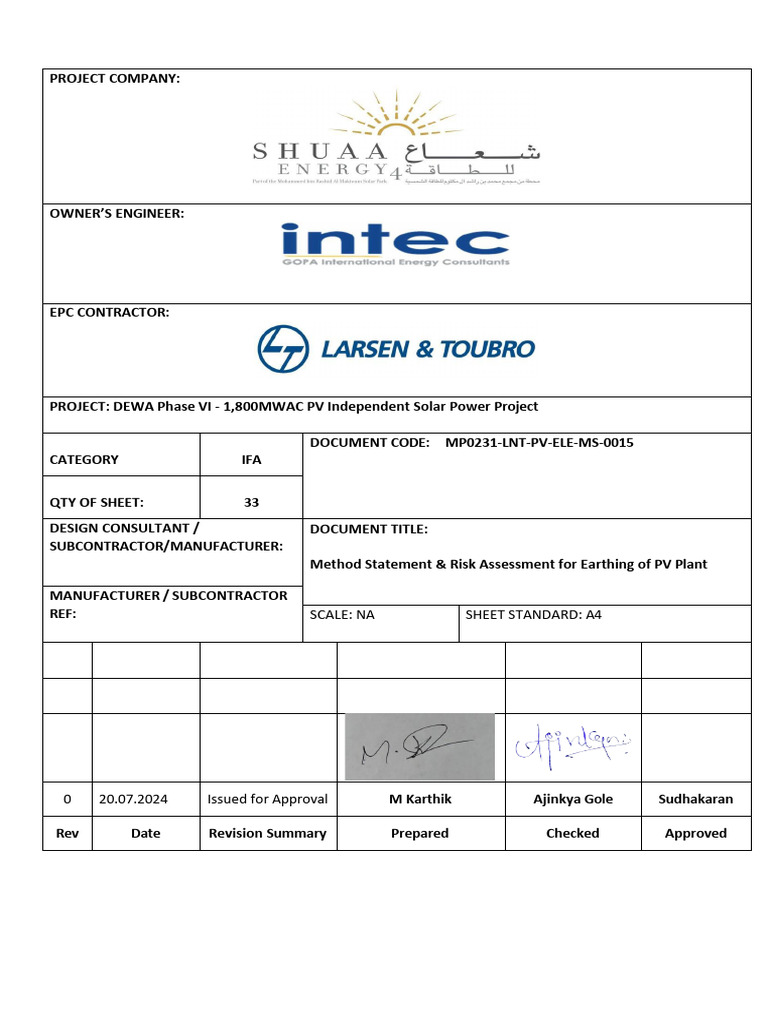 MP0231-LNT-PV-ELE-MS-0015-Rev 0 MSRA For Earthing of PV Plant - 20-07 ...