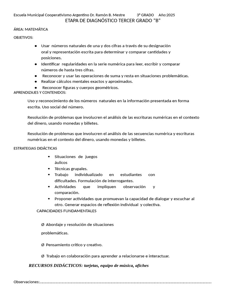 Etapa De Diagnóstico Tercer Grado B Pdf