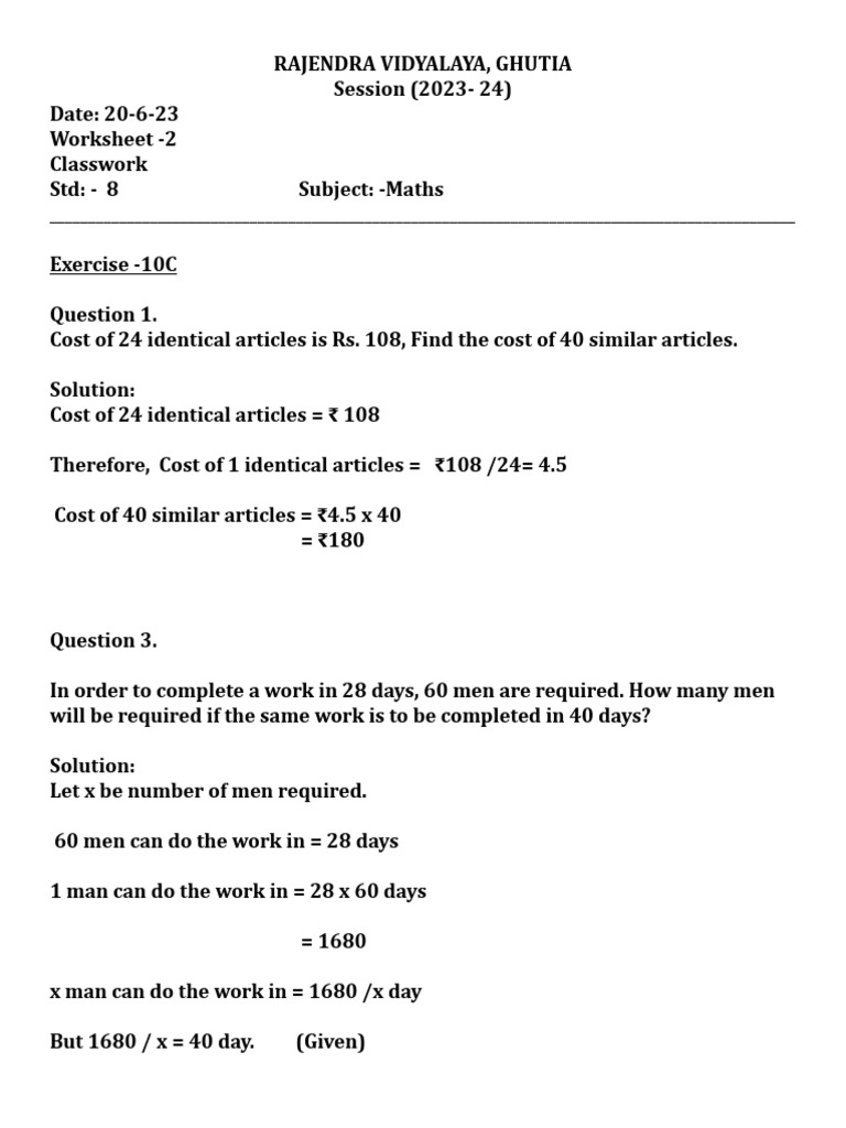 Class -8 Maths Worksheet 20 June | PDF
