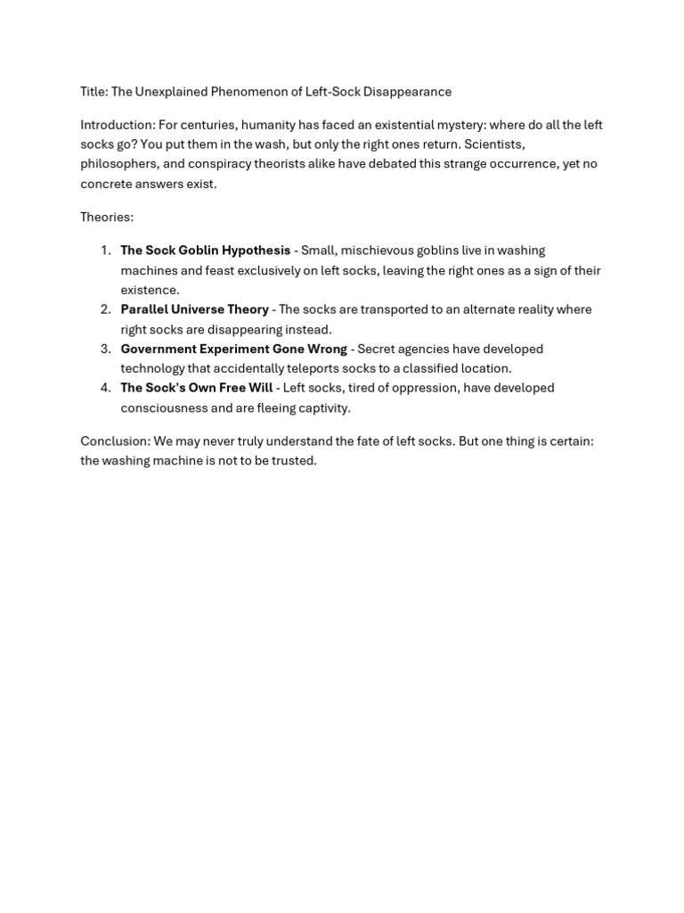 The Unexplained Phenomenon of Left-Sock Disappearance | PDF