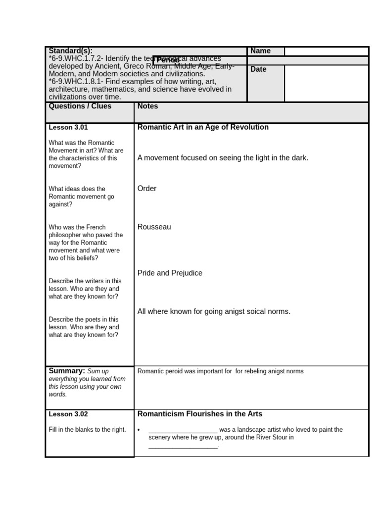 Unit 3 Revolutions in Arts Industries and Work Guided Note Template2 ...