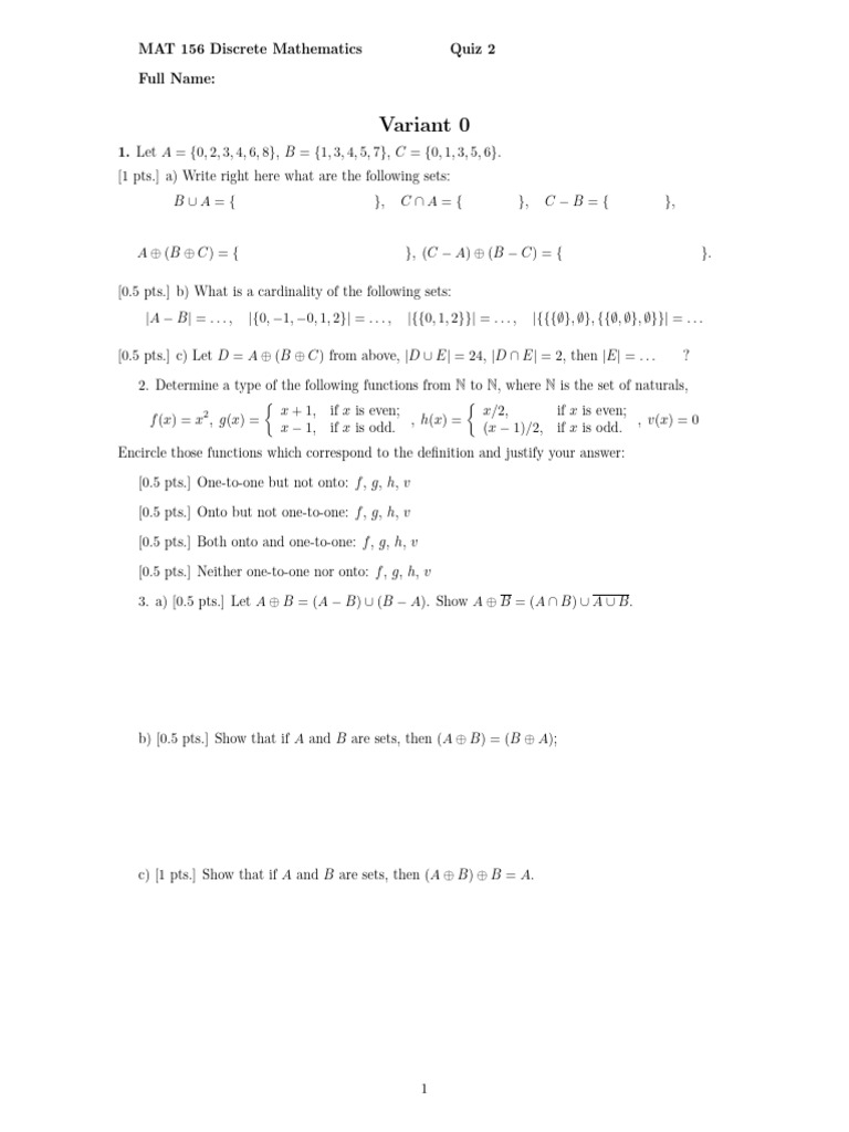 Quiz 2 Discrete Math Variant 0 | PDF | Abstract Algebra | Mathematical ...
