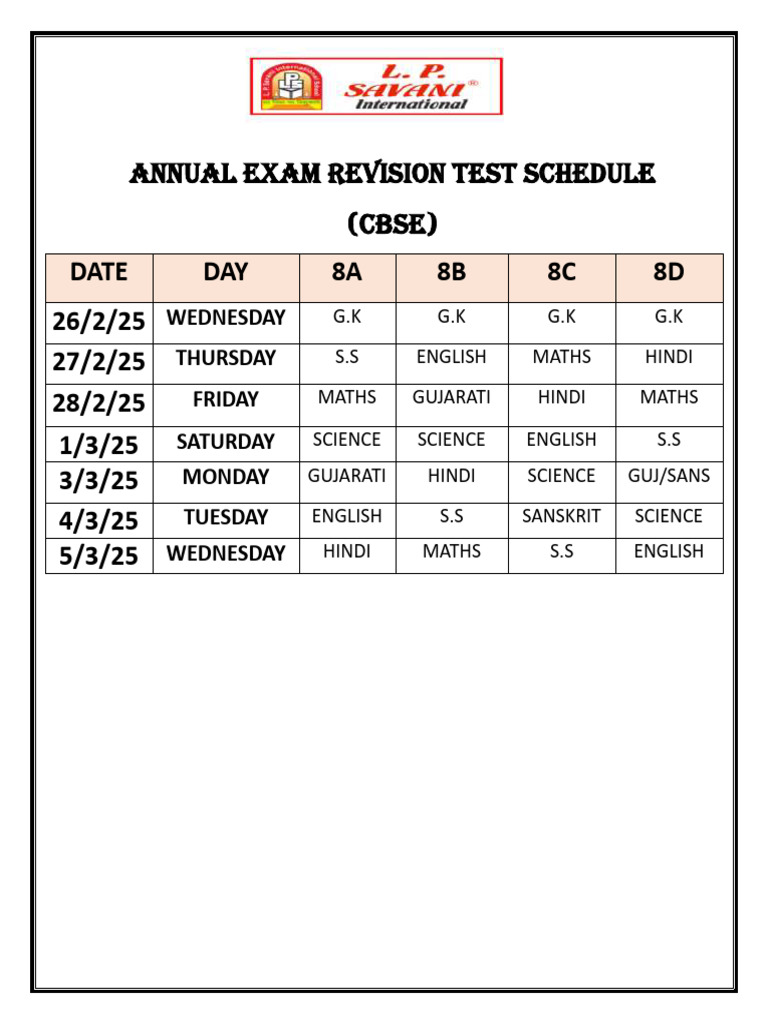 Grade 8 (CB) Revision Test Schedule | PDF