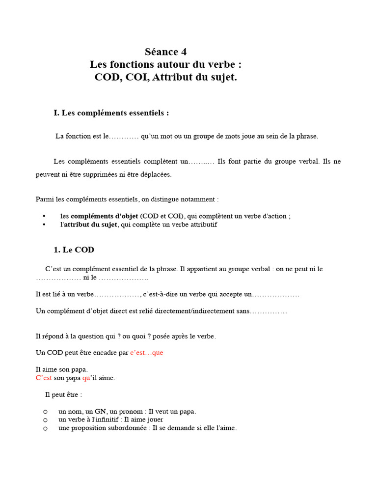 Fonctions du verbe : COD, COI, Attribut | PDF