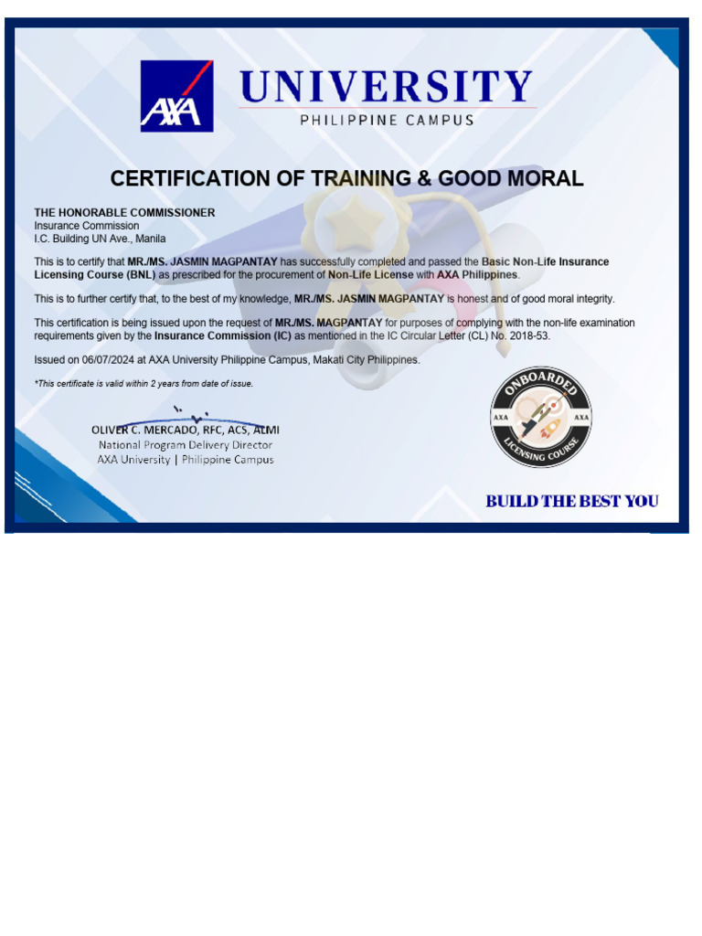 BNL Certificate JASMIN MAGPANTAY METROLIFE LIPA | PDF