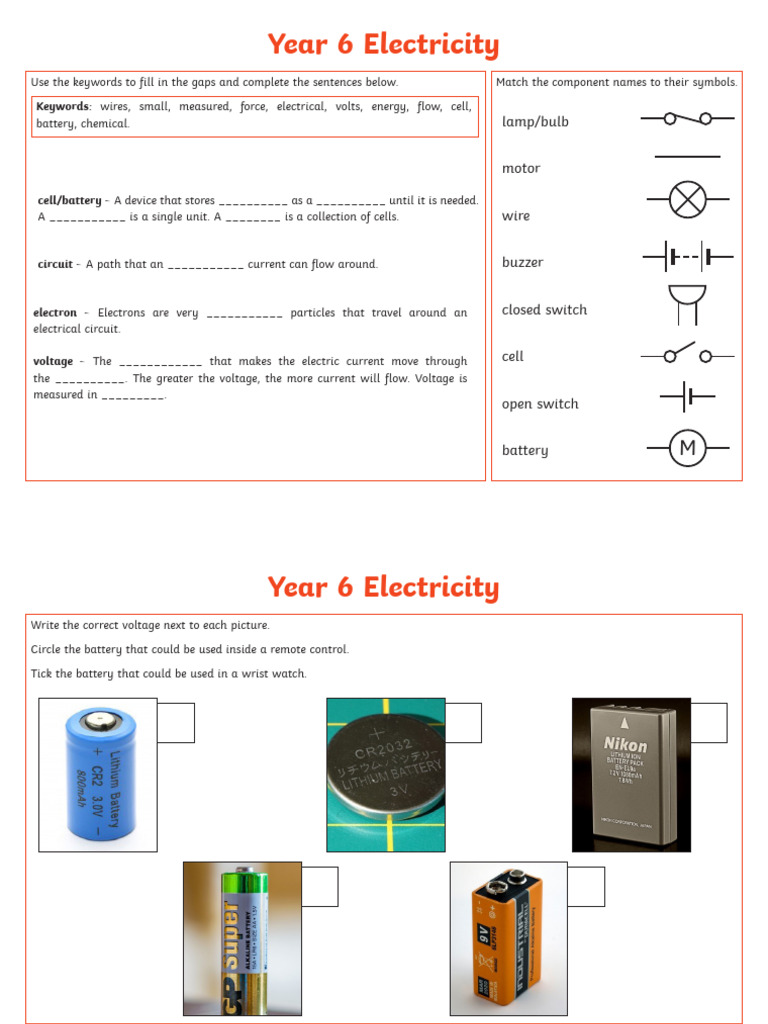 Year 6 Electricity Worksheet Answers | PDF | Switch | Voltage