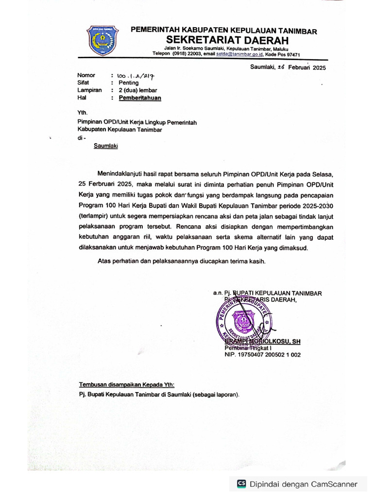 Agenda 100 Hari Kerja Bupati Dan Wakil Bupati KKT 2025-2030 | PDF