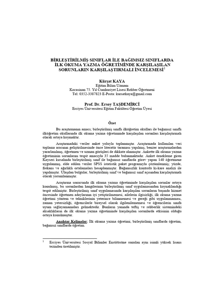 Birle__tirilmi__ S__n__flar __le Ba____ms__z S__n__flarda __lk Okuma Yazma ____retiminde Kar ...