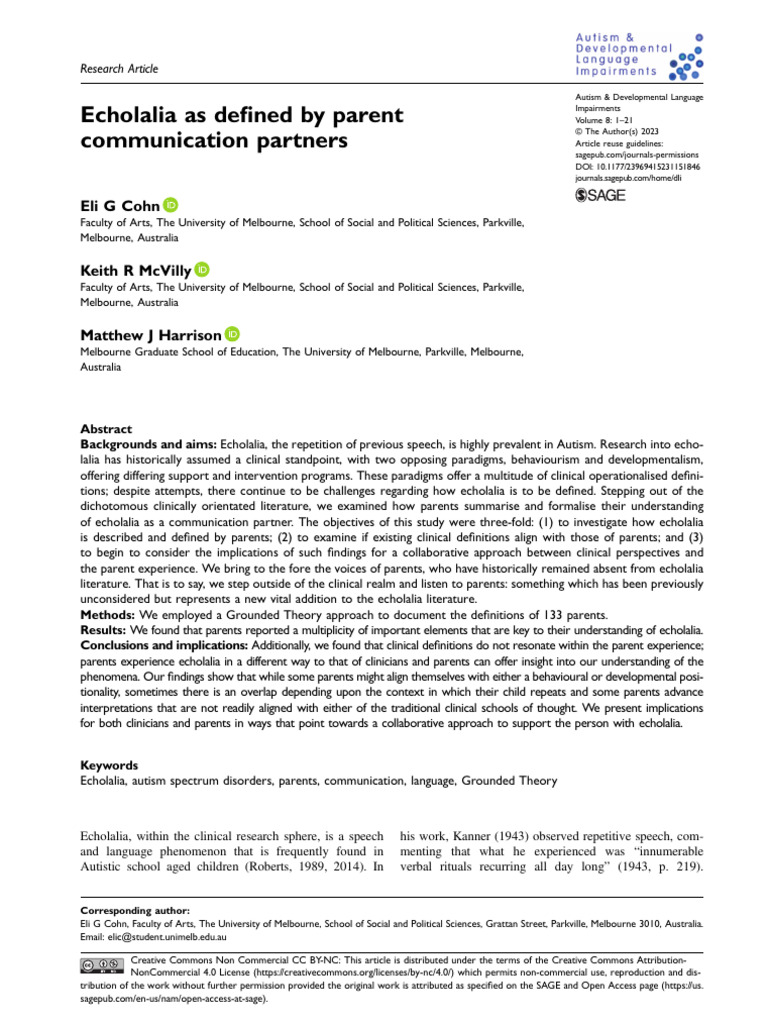 Echolalia As Defined by Parent Communication Partn | PDF | Autism ...