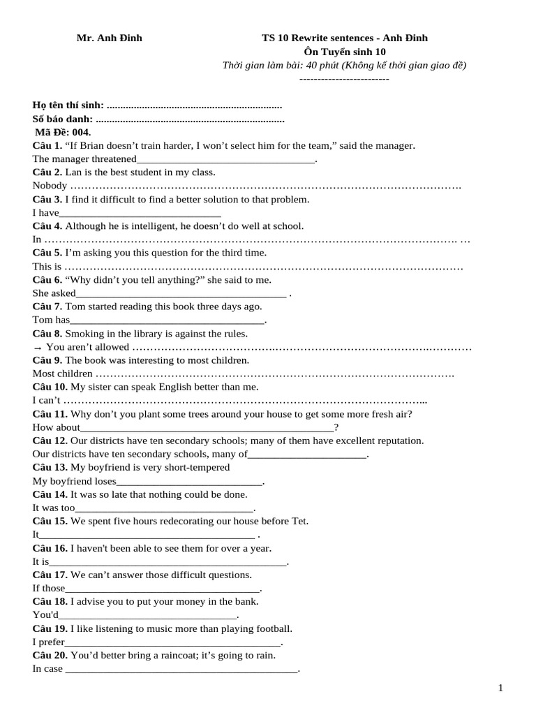 Grade 10 Exam Sentence Rewrites | PDF