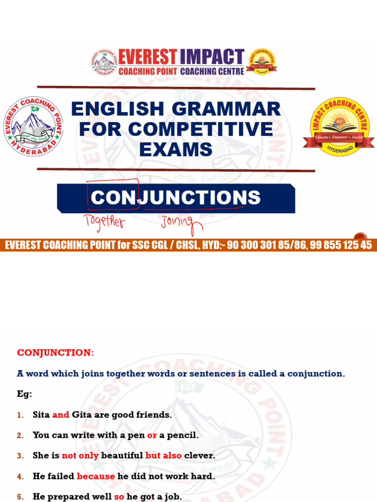 English Grammar For Competitive Exams: Conjunctions | PDF