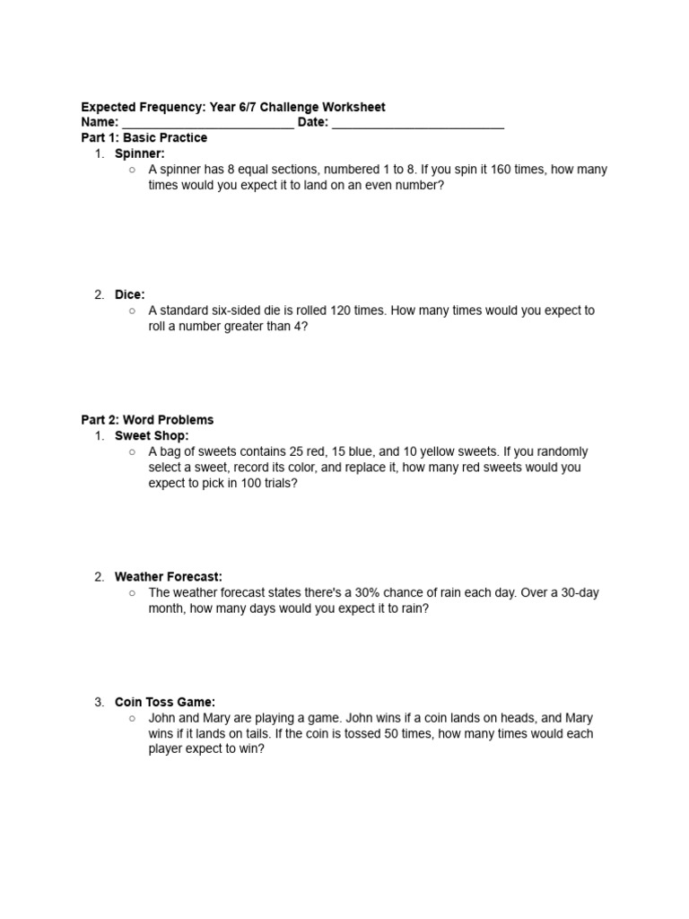 Probability Outcomes Challenge Worksheet | PDF