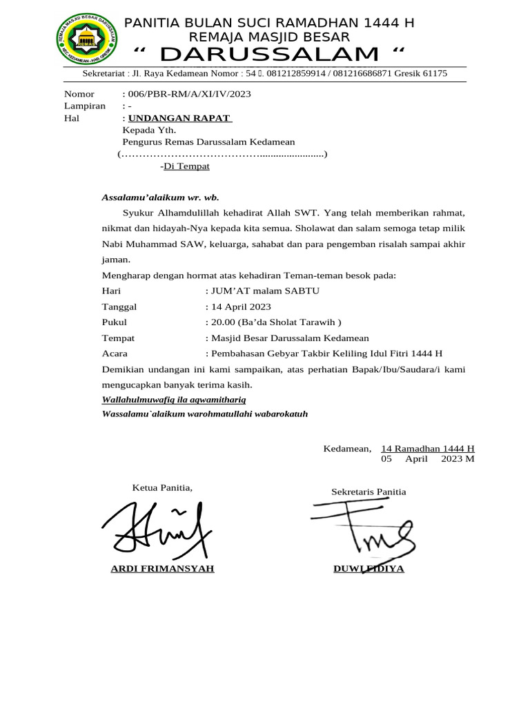 Undangan Rapat Takbir Keliling 1444 H | PDF