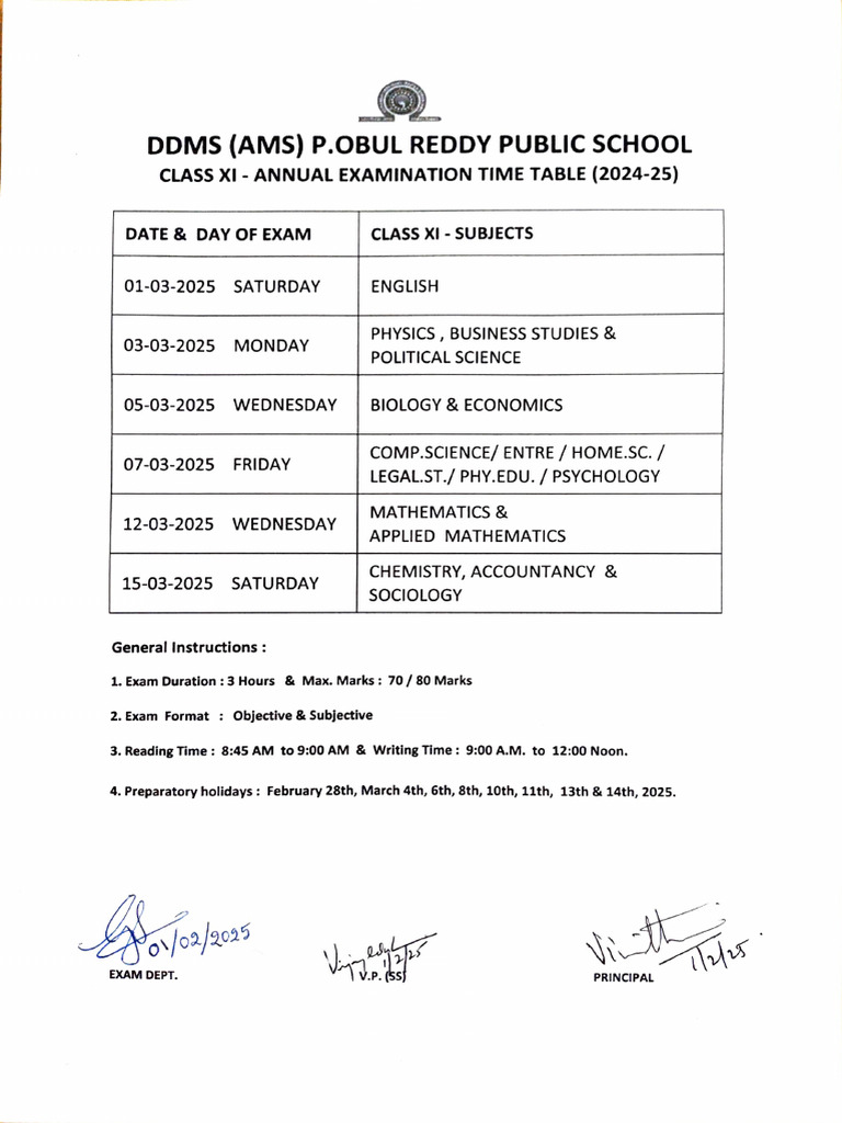 Class XI Annual Examination Time Table 2024-25 | PDF