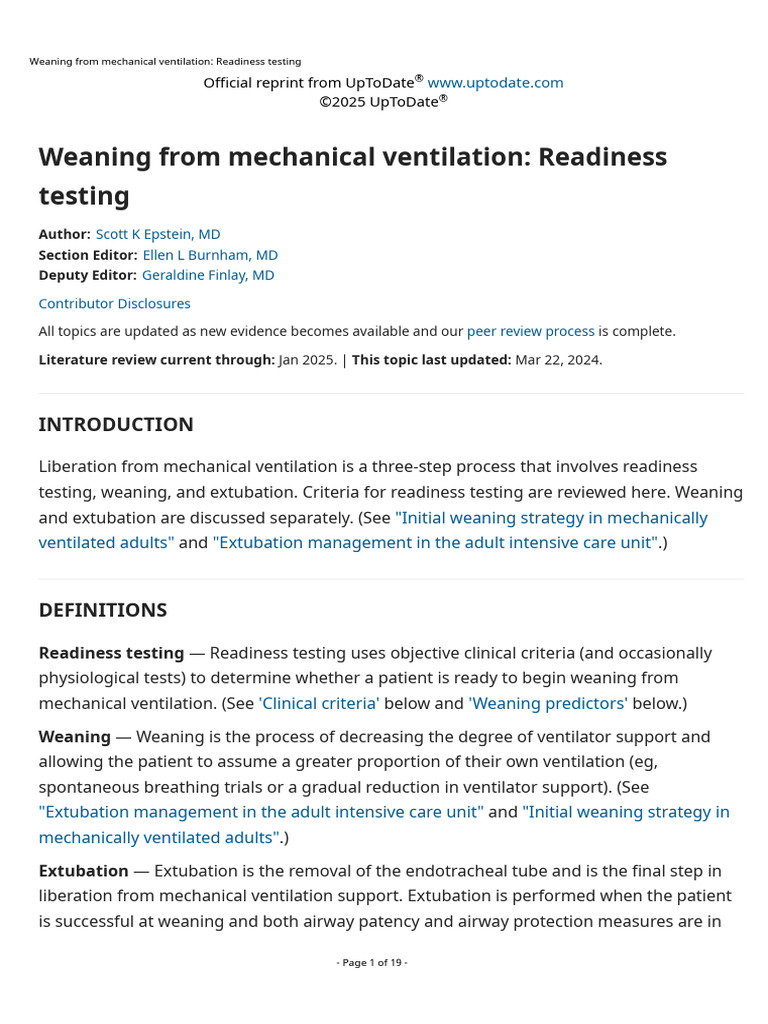 Weaning From Mechanical Ventilation - Readiness Testing | PDF ...