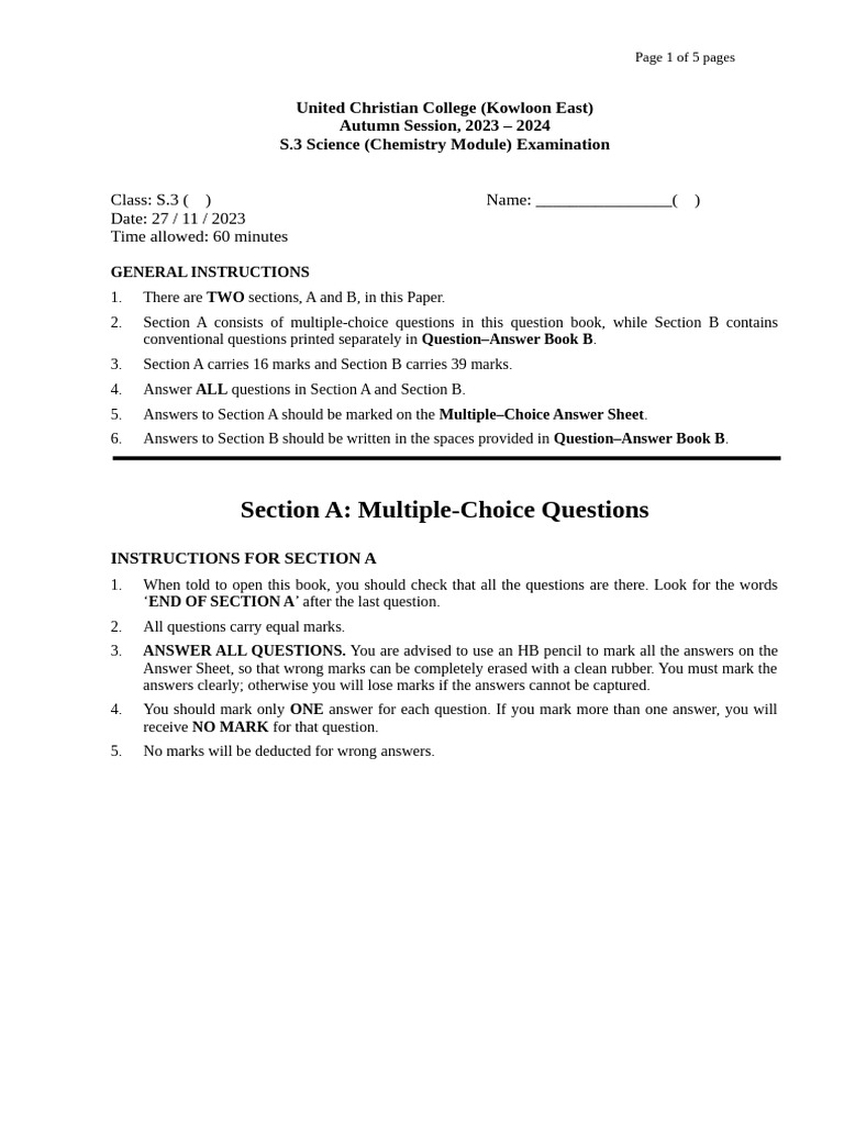 S3 Chemistry Exam Paper 2023-2024 | PDF | Atoms | Solubility