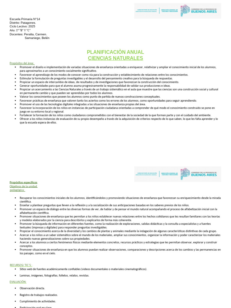 PLANIFICACION ANUAL CS NAT. 1° E.P 14 2025 | PDF | Enseñando | Plantas