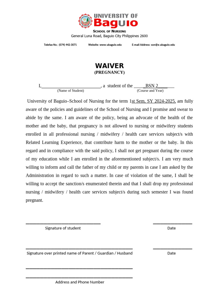 WAIVER Pregnancy For FEMALE Only | PDF