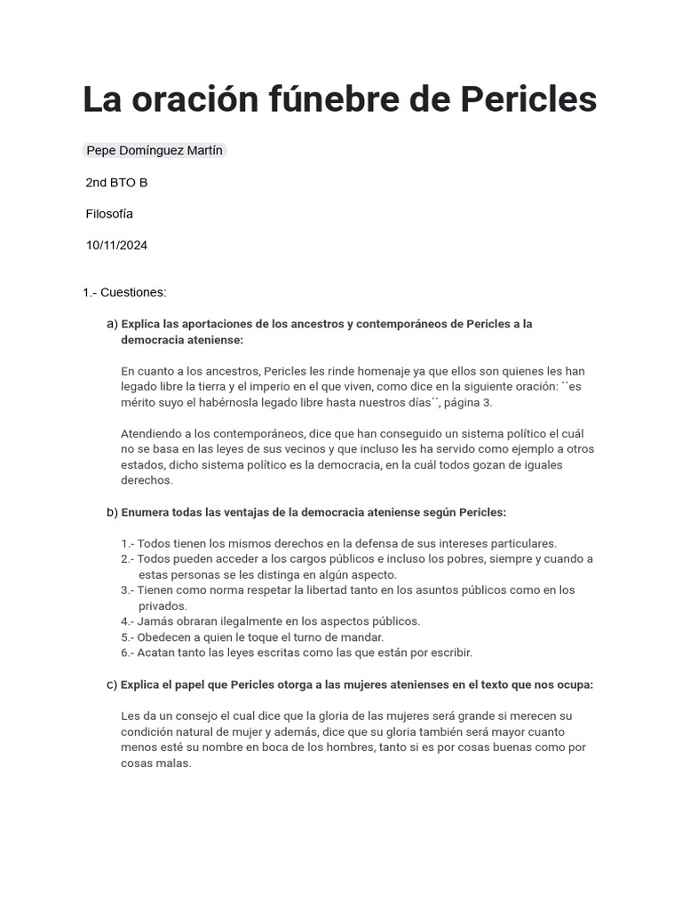 La Oración Fúnebre de Pericles | PDF | Democracia | Ideologías políticas