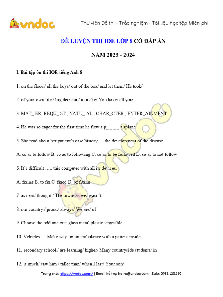 Bai Tap Luyen Thi Ioe Lop 8 | PDF