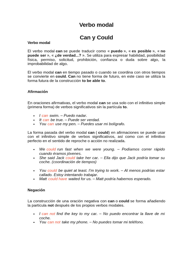 Uso de los verbos modales "can" y "could" | PDF