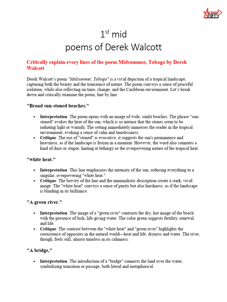 Analyzing Walcott's "Midsummer, Tobago" | PDF | Postcolonialism ...