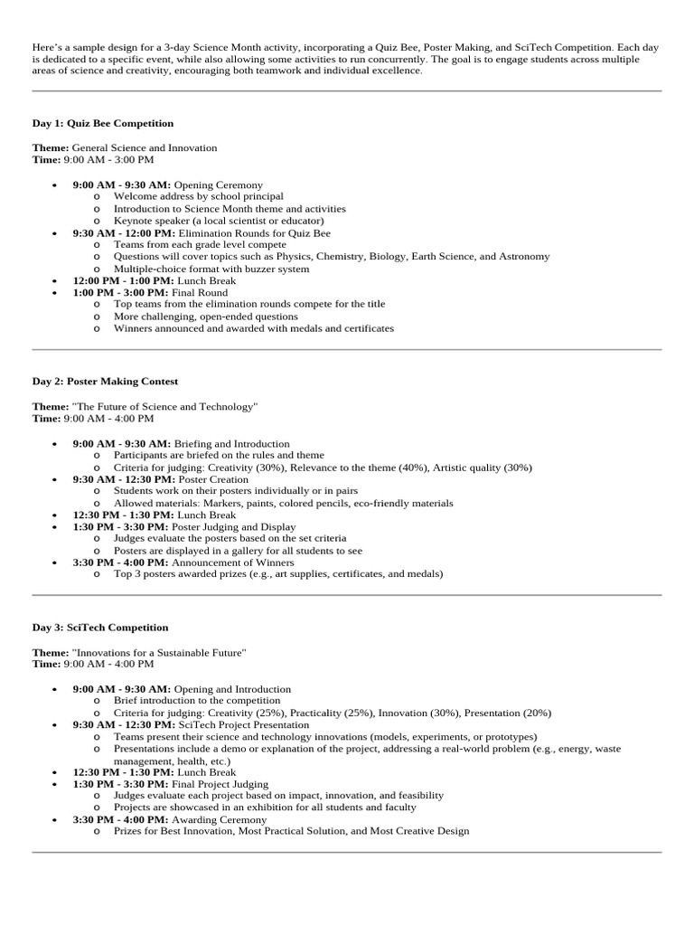 Science Month Plans - Quiz Bee, Activity Design | PDF | Earth | Water