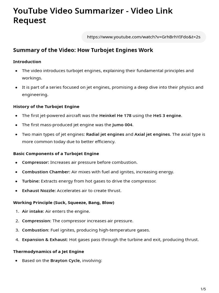 YouTube Video Summarizer - Video Link Request | PDF | Jet Engine | Engines