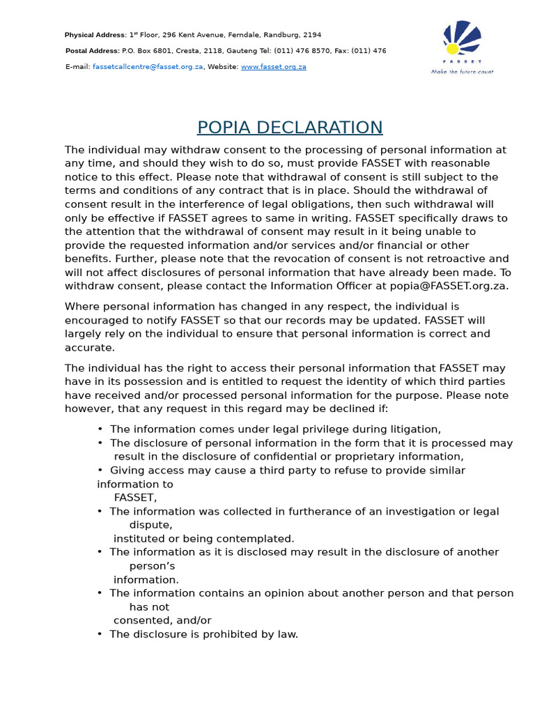 Popia Declaration | PDF | Discovery (Law) | Consent