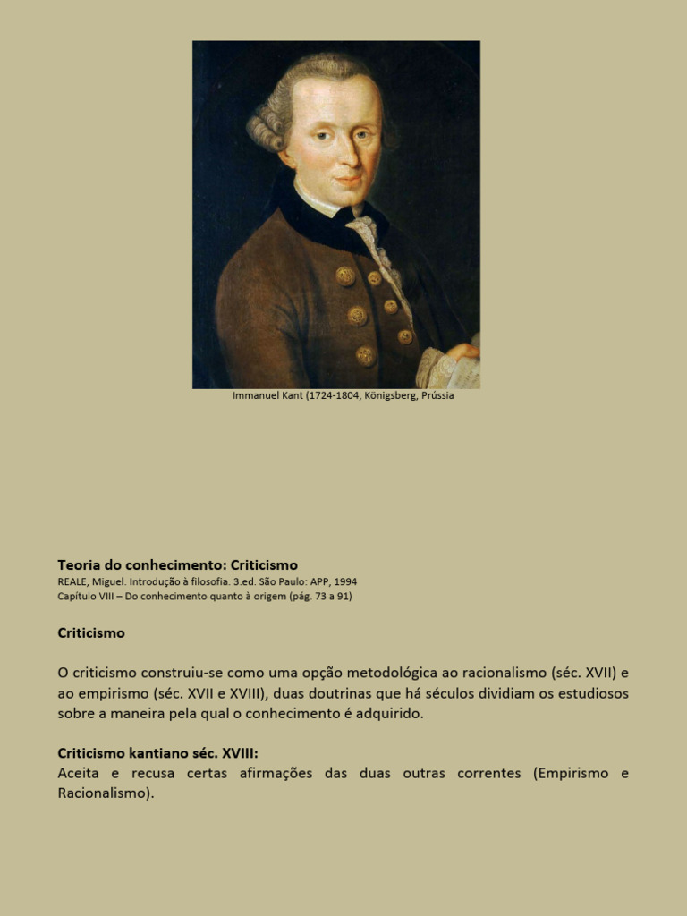 Criticismo Kantiano: Teoria do Conhecimento | PDF | Immanuel Kant ...