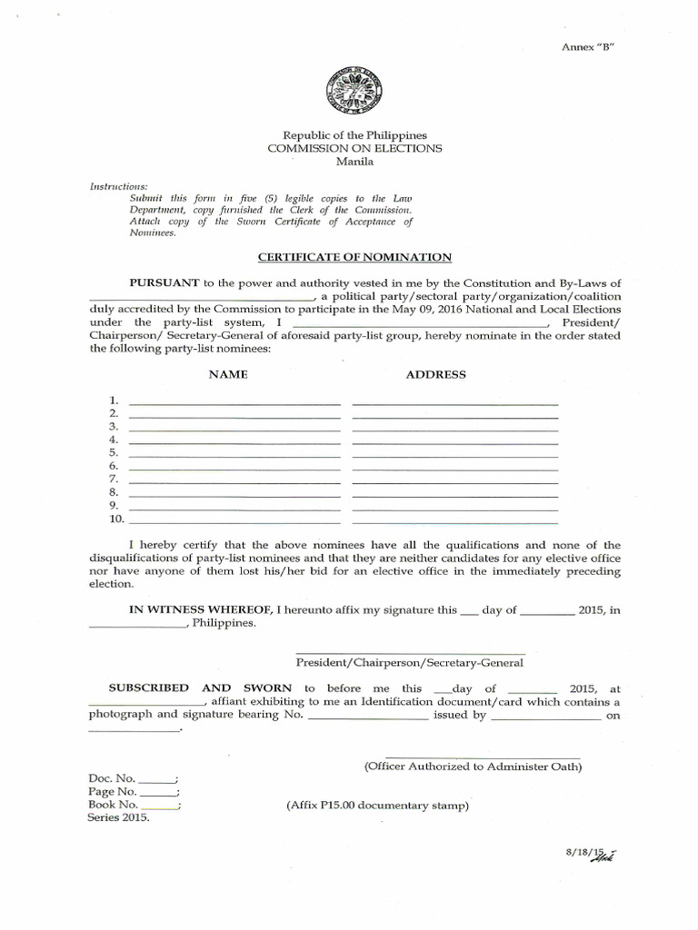 COMELEC Certificate of Nomination for 2025 Mid-Term Elections | PDF
