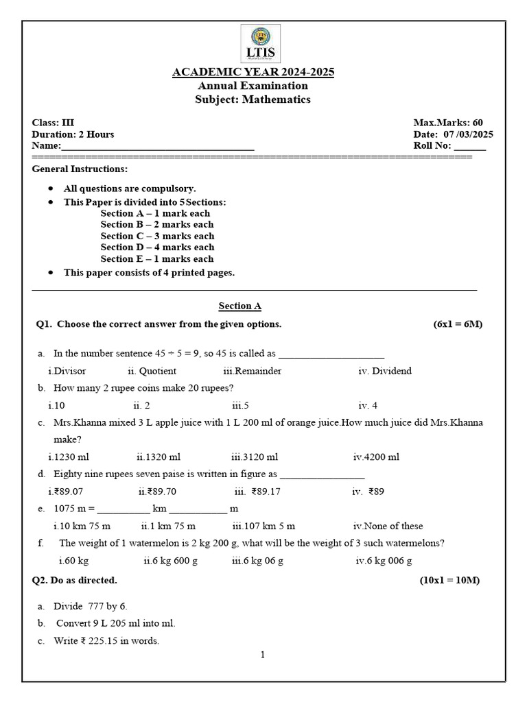 Class III Math Written 2024-25 | PDF | Division (Mathematics) | Rupee