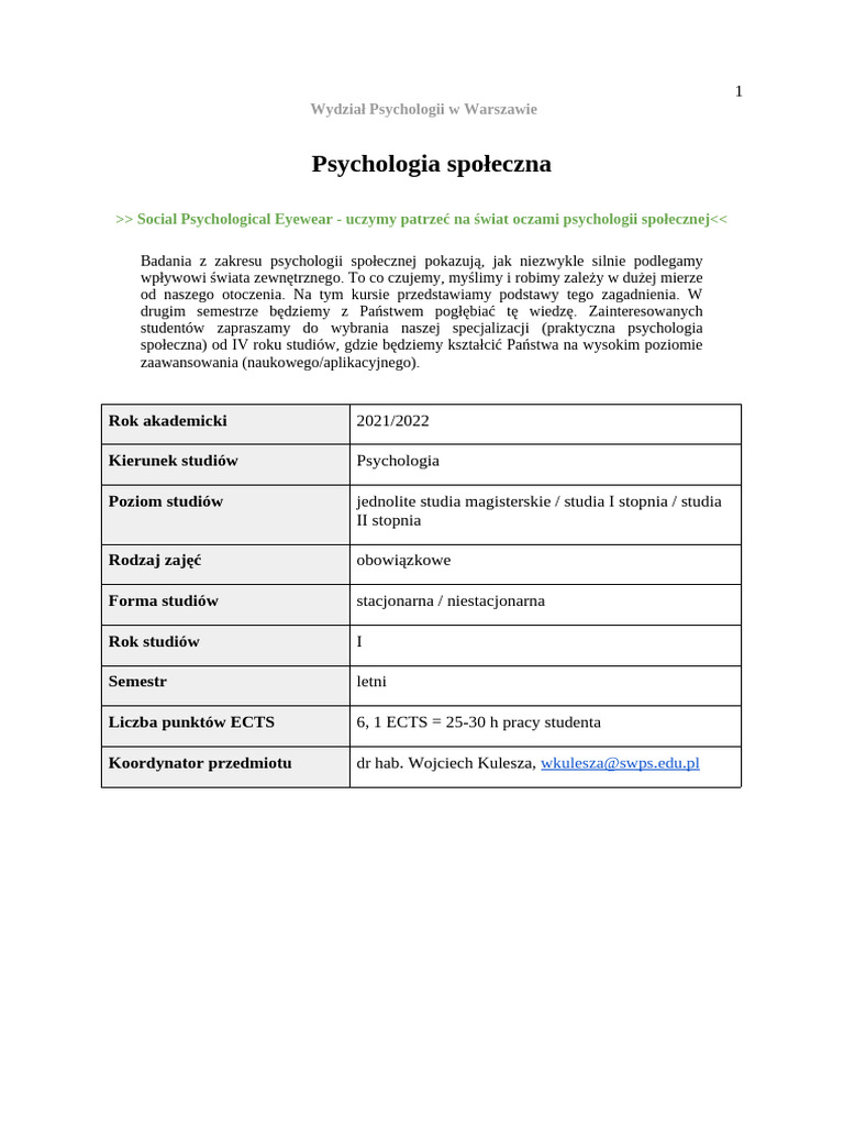 Psychologia Spoleczna - II Semestr LATO | PDF