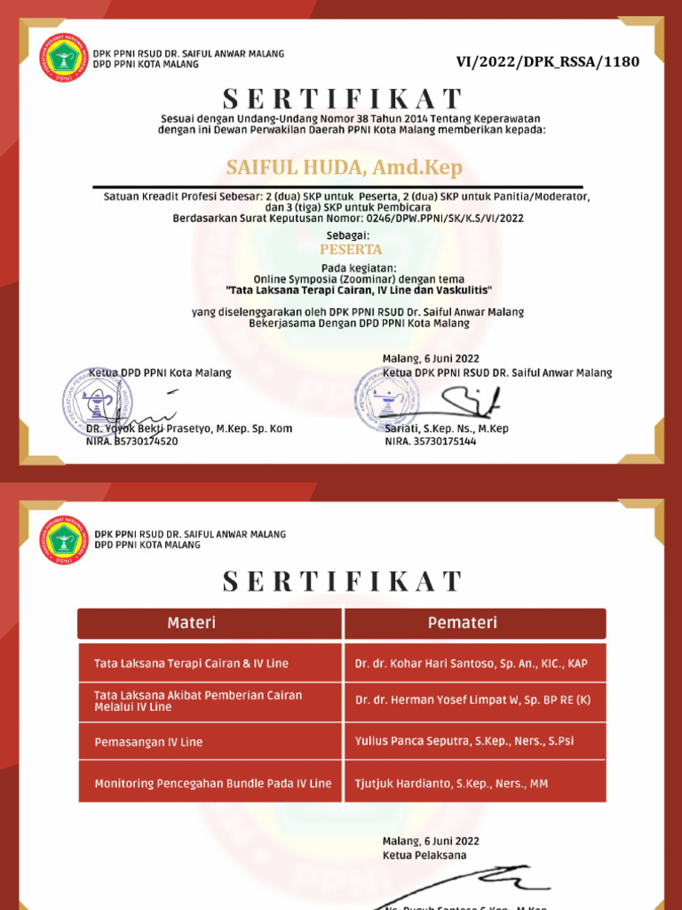 SAIFUL HUDA, Amd - Kep - Sertifikat Tata Laksana Terapi Cairan, IV Line ...