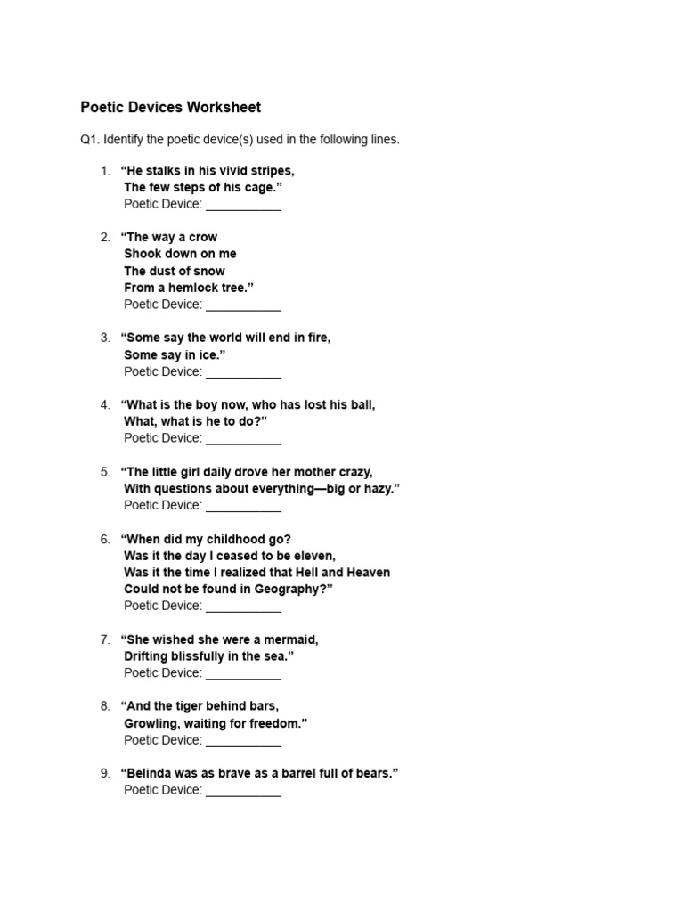 Poetic Devices Worksheet CLASS 10 | PDF