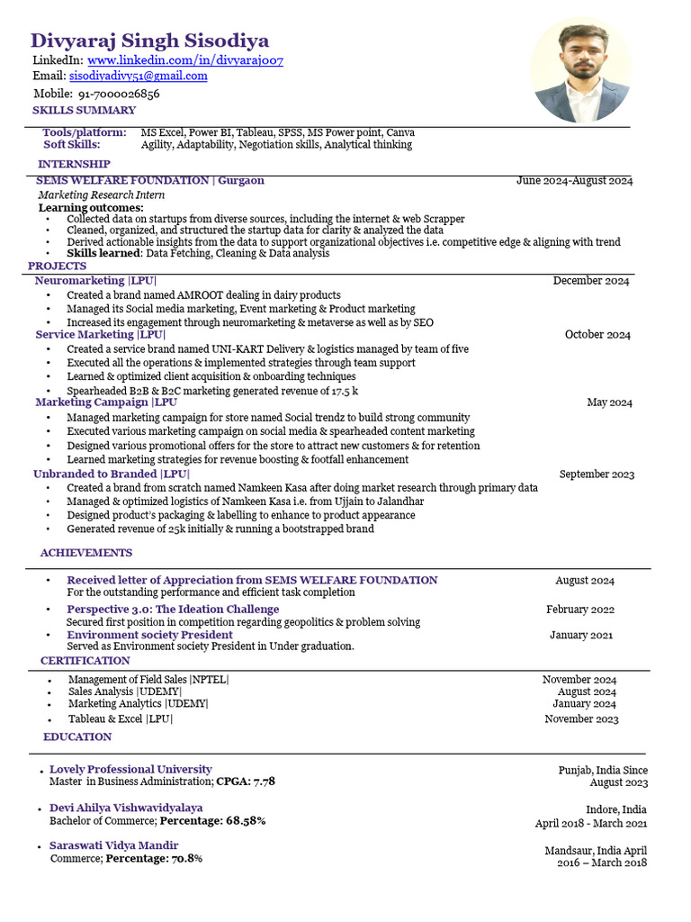 Divyaraj Singh Sisodiya: MBA, Marketing Projects & Skills | PDF | Marketing | Business