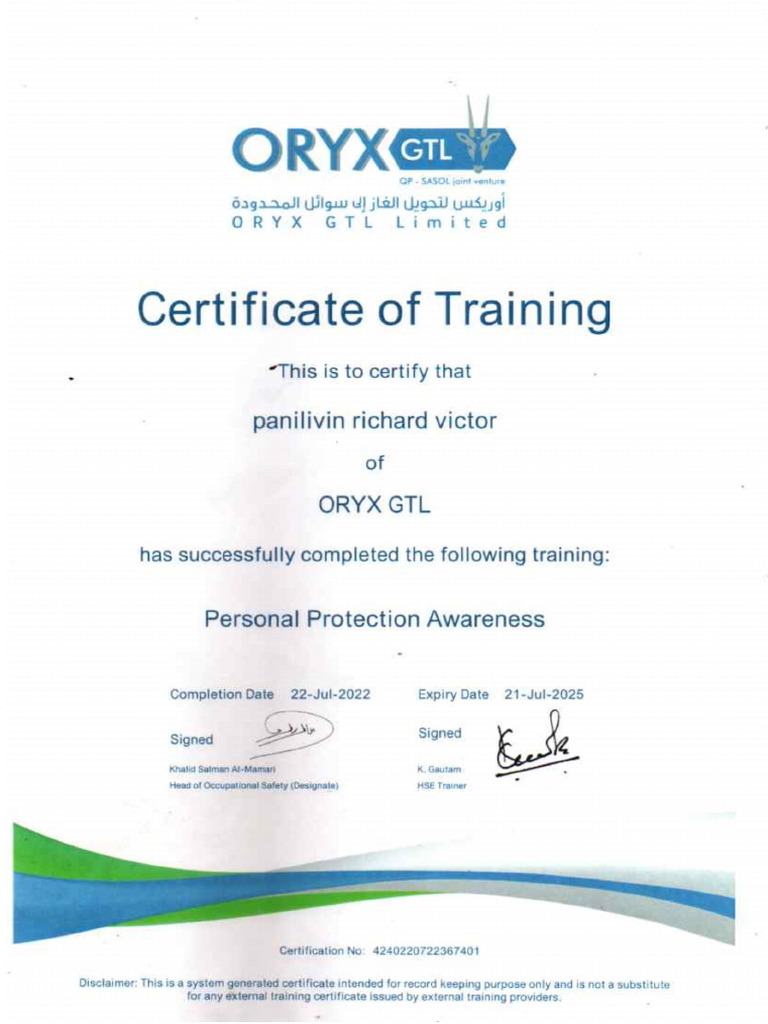 Personal Protection Awareness Training Certificate | PDF