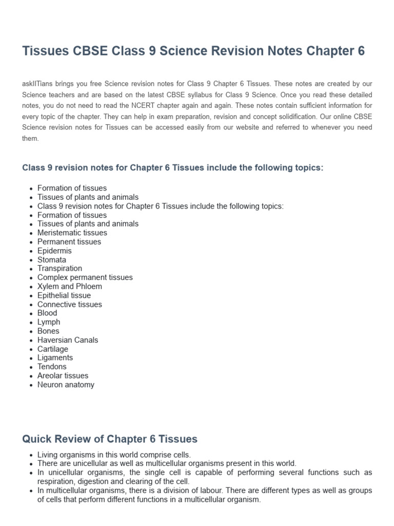 Tissues CBSE Class 9 Science Notes - Chapter 6 | PDF | Tissue (Biology ...