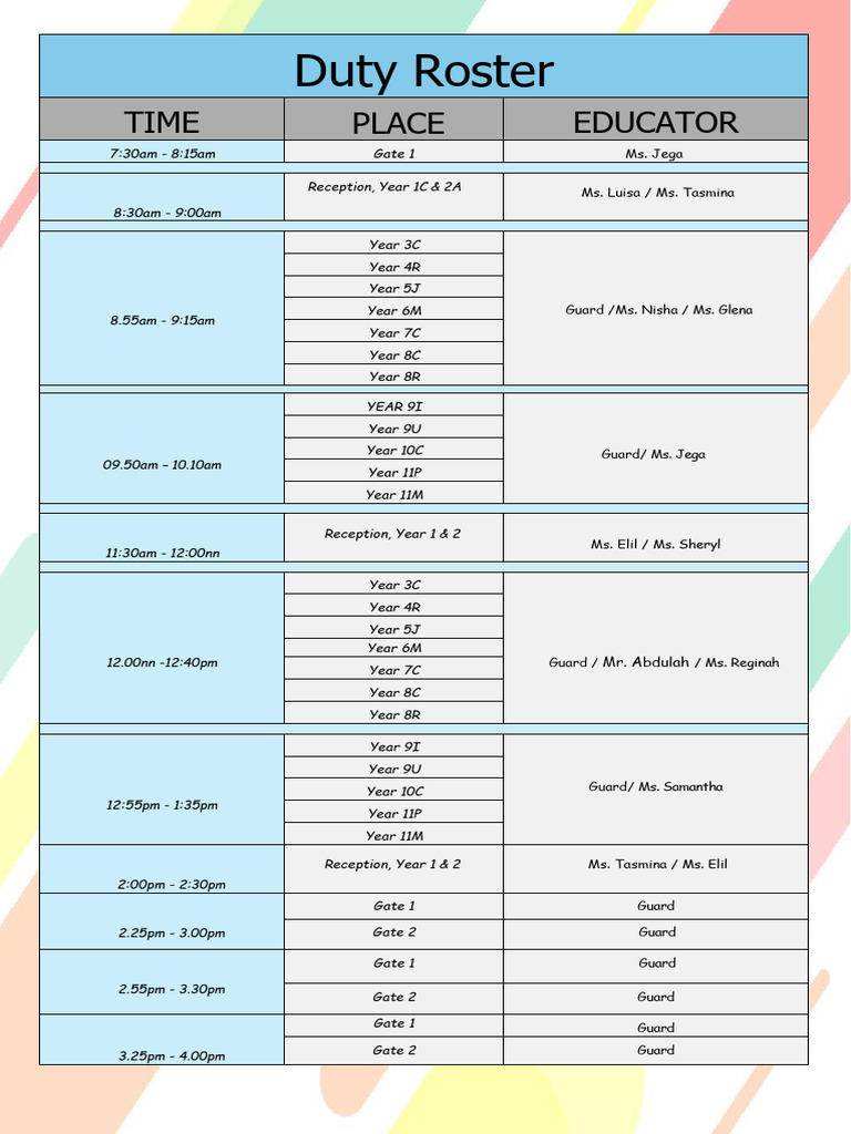 Daily Duty Roster for Educators | PDF