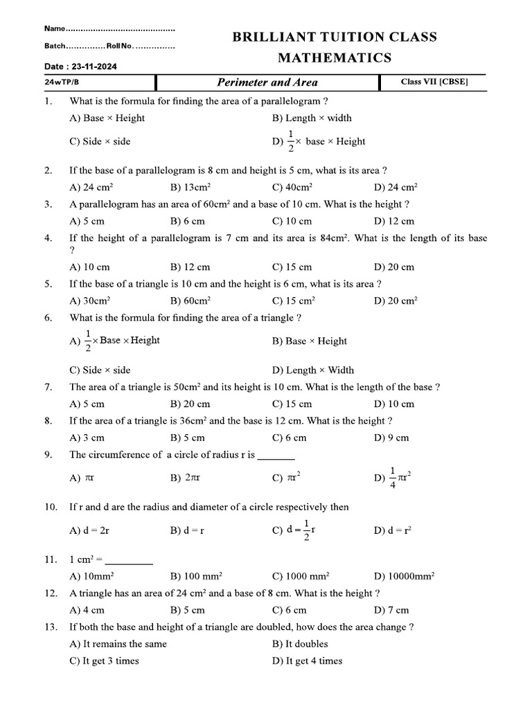 Class Vii (Perimeter and Area) 23-11-2024 (BTC Cbse) | PDF