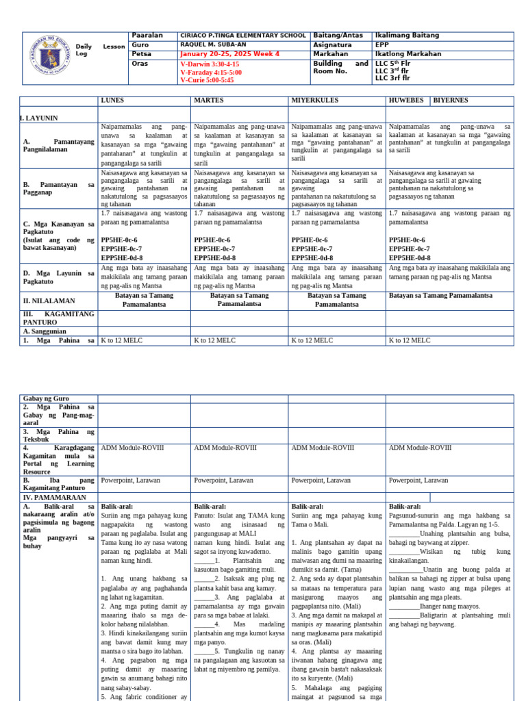 DLL WEEK 4-Q3 EPP - Janaury 20-25, 2025 | PDF