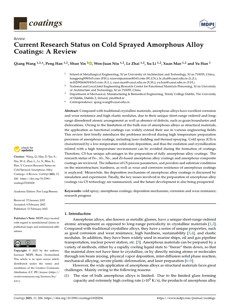 Cold Sprayed Amorphous Alloy Coatings Review | PDF | Mechanical ...