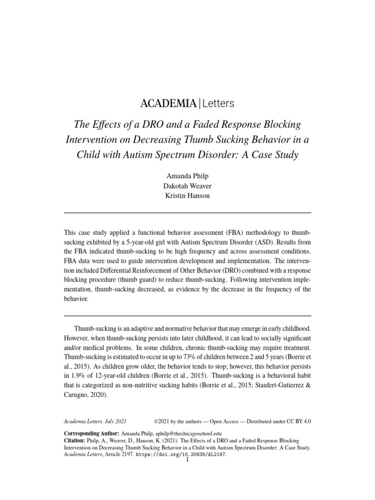 DRO Intervention for Thumb Sucking in ASD | PDF | Reinforcement ...